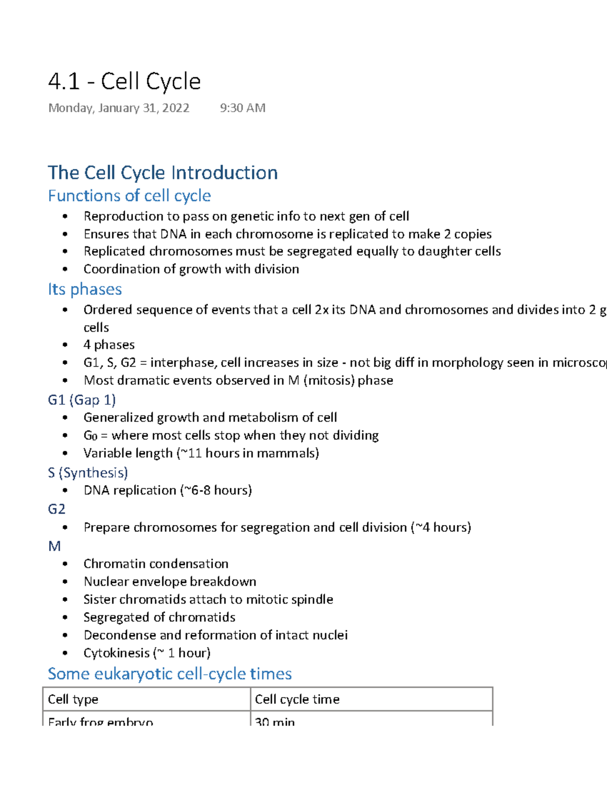 4.1 - Cell Cycle - bio - The Cell Cycle Introduction Functions of cell ...