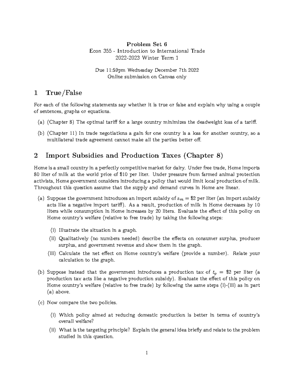 Problem Set 6 F22 updated - Problem Set 6 Econ 355 - Introduction to International Trade 2022 ...
