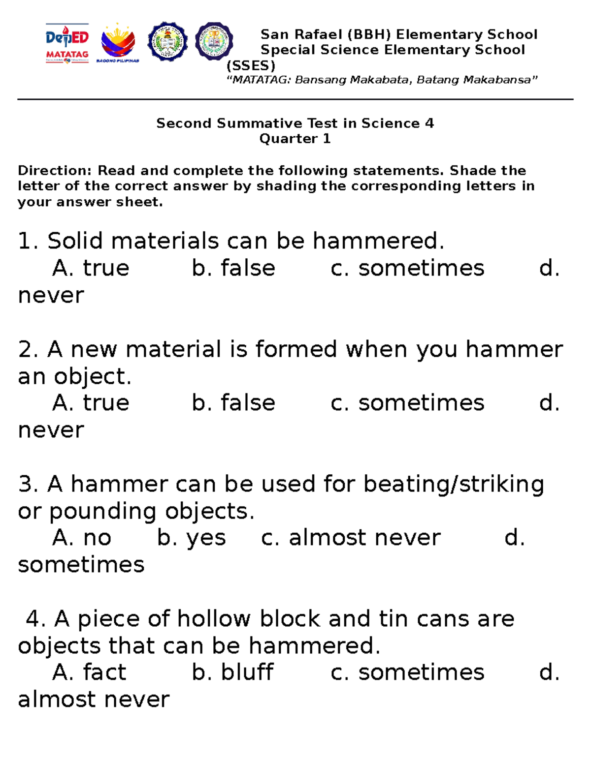 Q1-QUIZ2 - summative test for elementary - San Rafael (BBH) Elementary ...
