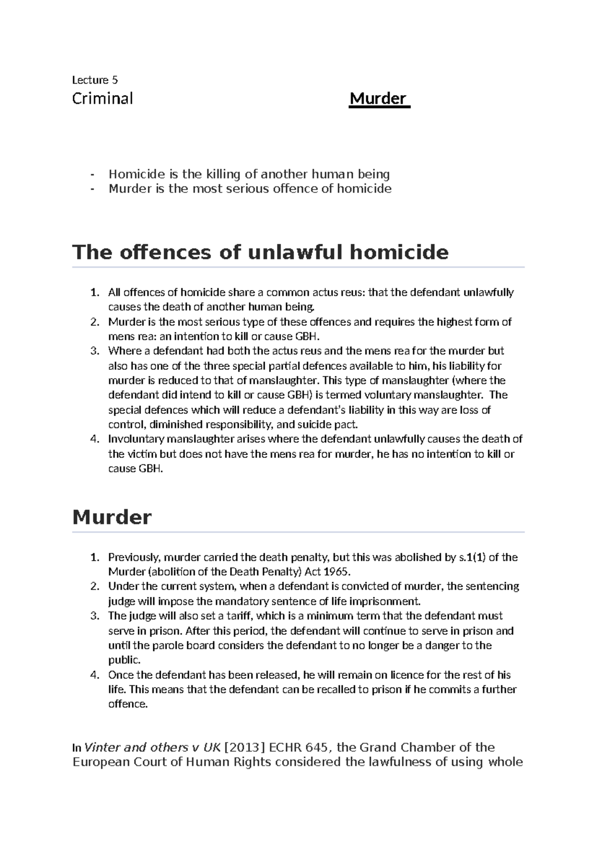 Lecture 5- murder - Lecture 5 Criminal Murder - Homicide is the killing ...