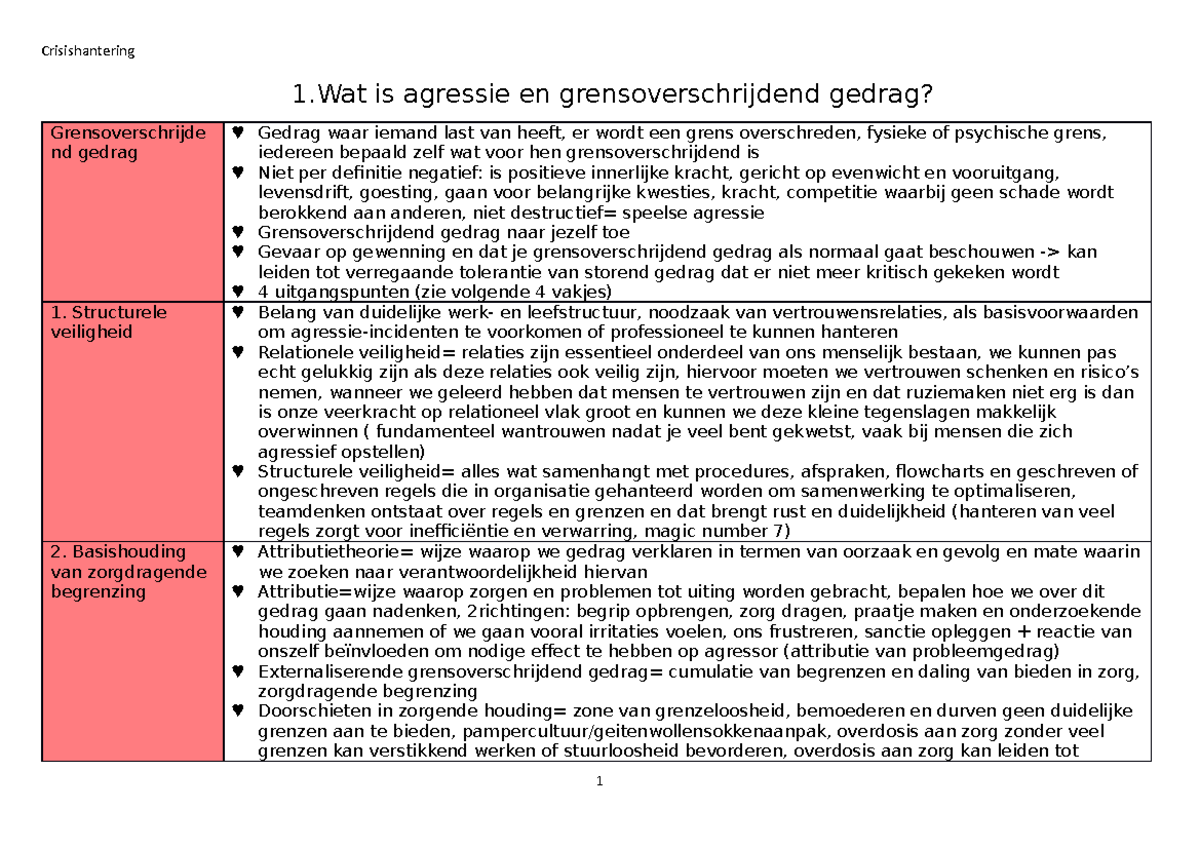 Crisishantering - samenvatting deel 1 boek - 1 is agressie en ...