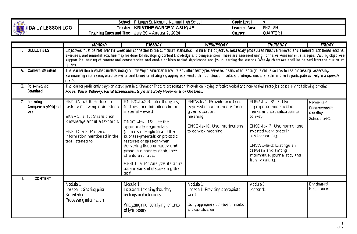 DLL English Grade 9 Quarter 1 Weeks 1- 9 (Palawan Division) (2) - Copy ...