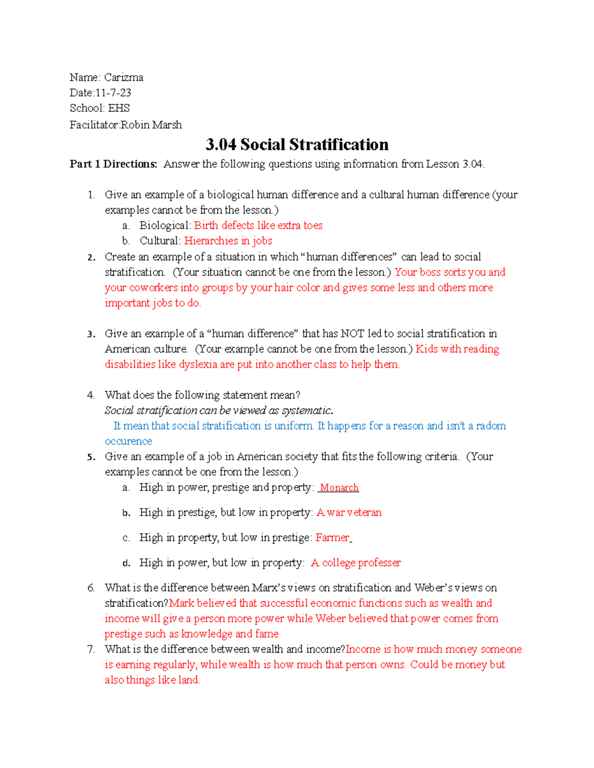 3.04 Social Stratification - Name: Carizma Date:11-7- School: EHS ...