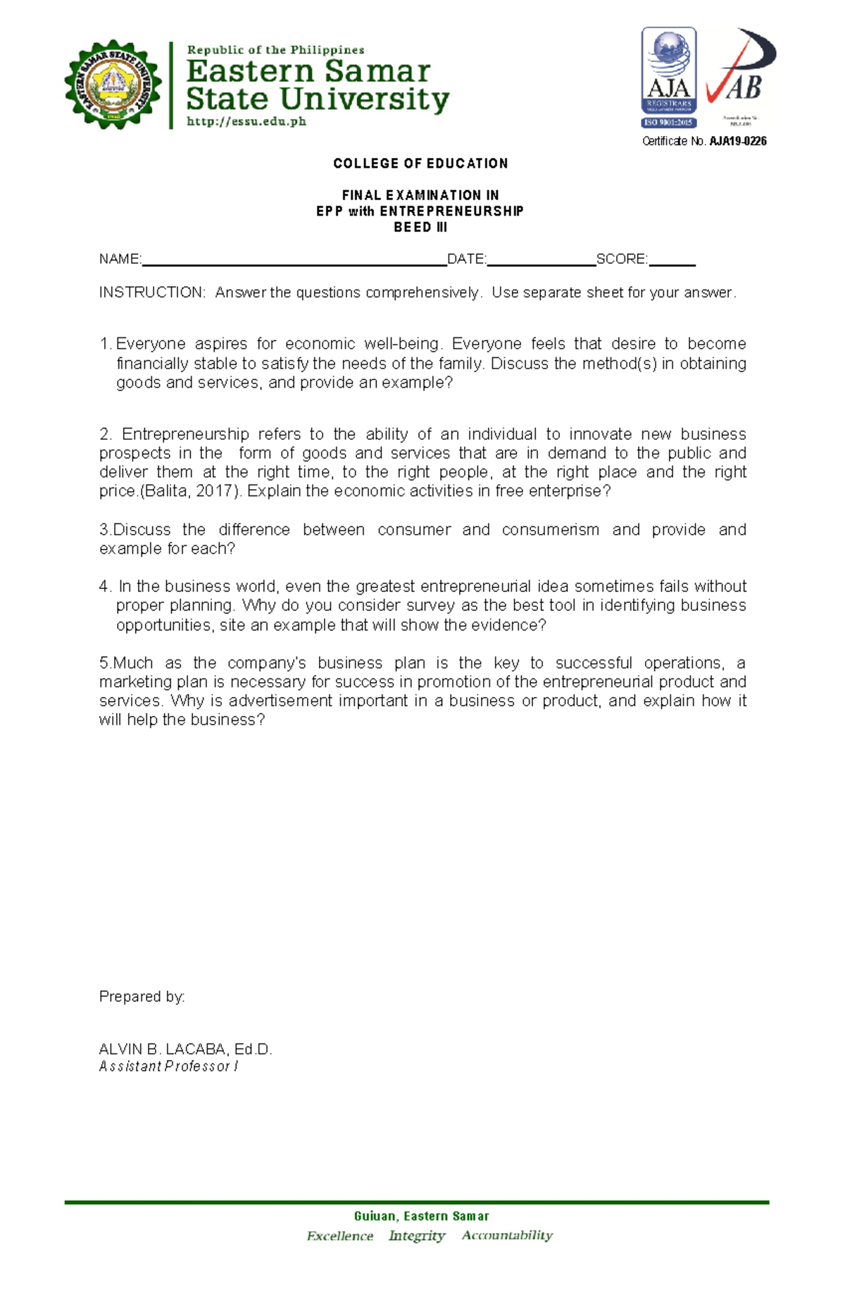 Final Exam in EPP with Entrepreneurship - Guiuan, Eastern Samar ...