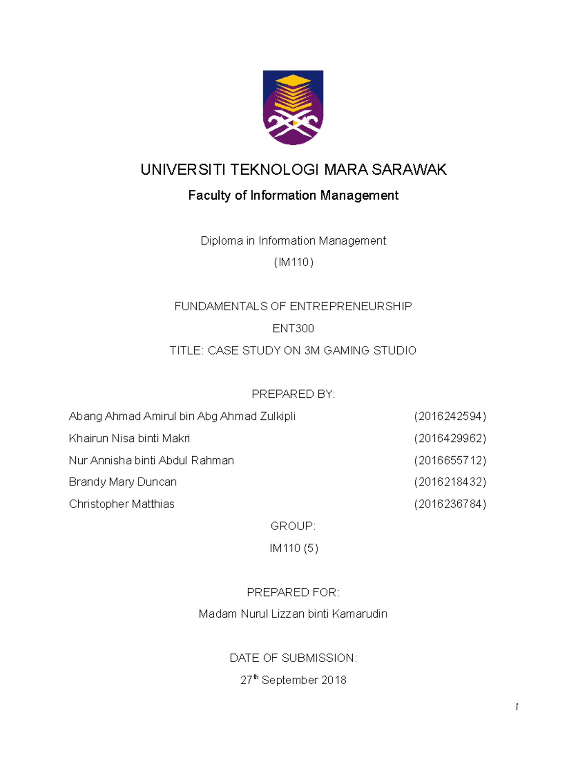 Completed Case Study Of ENT300 - Diploma in Information Management ...