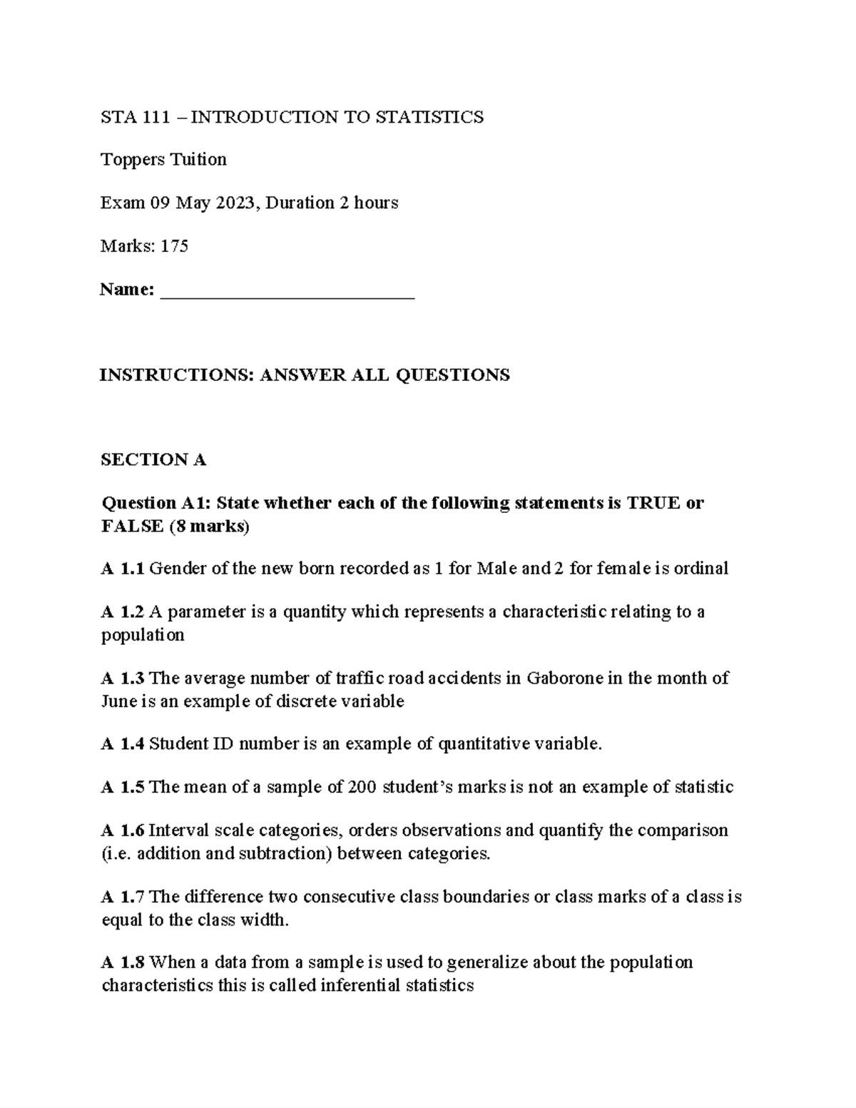 Toppers STA 111 Exam Ditharabollo - STA 111 – INTRODUCTION TO STATISTICS Toppers Tuition Exam 09 ...