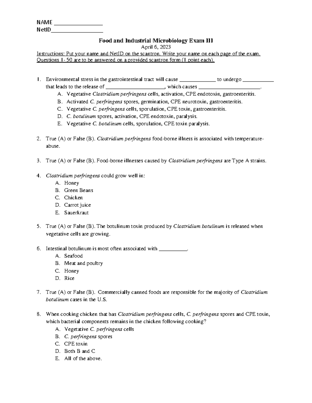 Exam 3 Practice Exam - NetID_________________ Food and Industrial ...