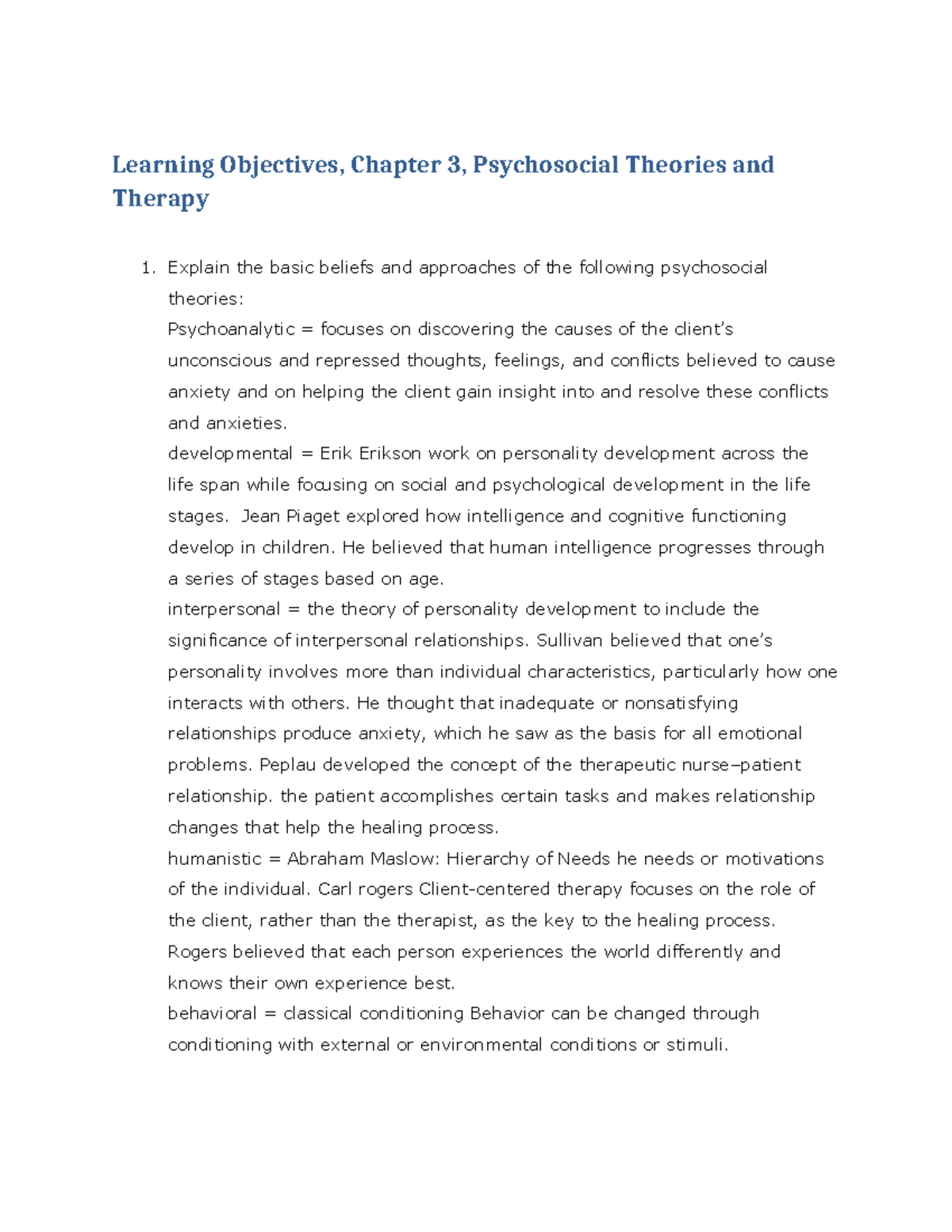 CH 3 PMH - learning goals - Learning Objectives, Chapter 3, Psychosocial Theories and Therapy 1 ...