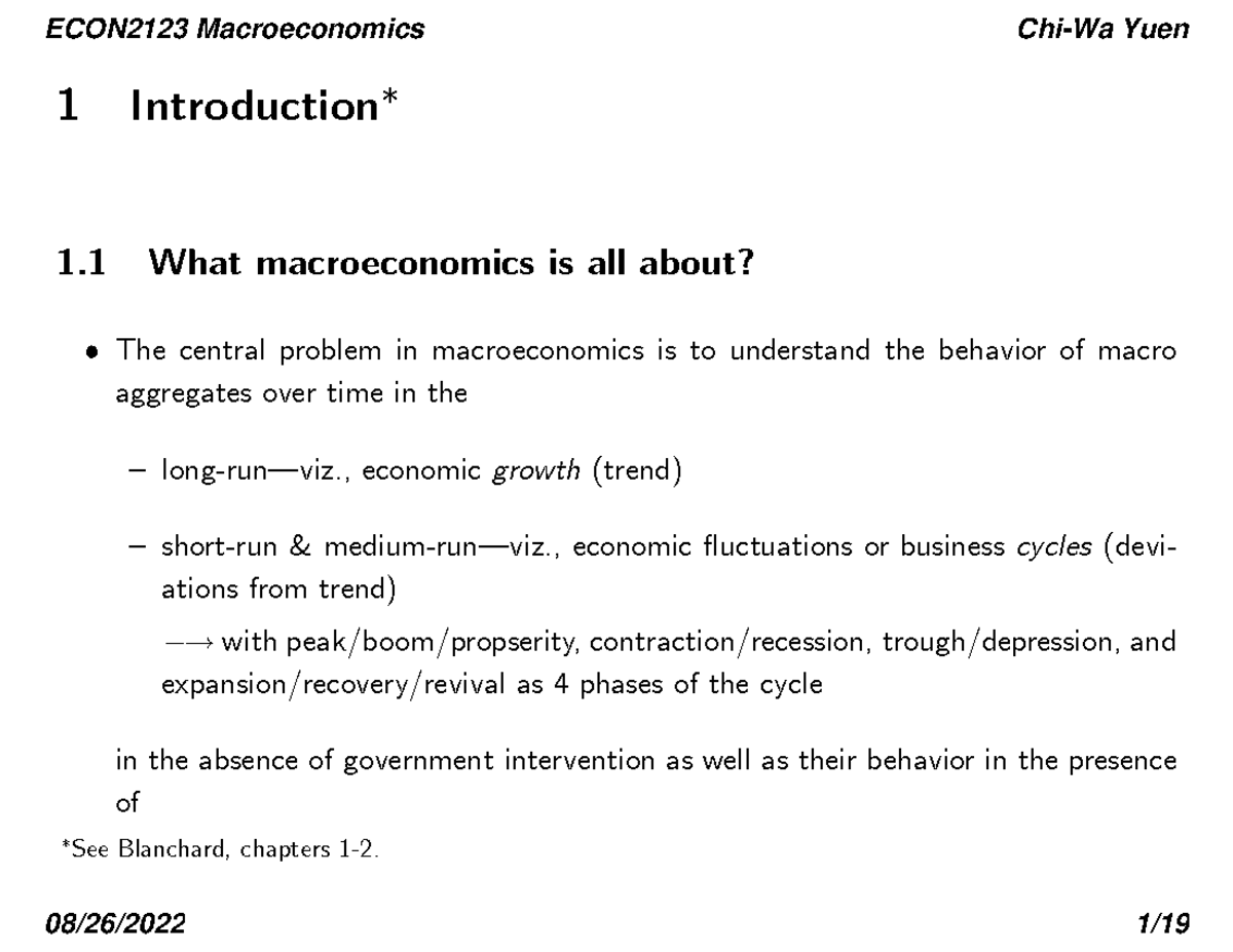 USTmacro 2022b slides 1 (Intro) - 1 Introduction 1 What macroeconomics ...