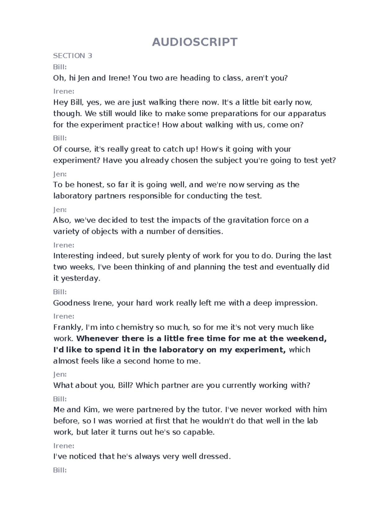 Audioscript Section 3 4 - AUDIOSCRIPT SECTION 3 Bill: Oh, hi Jen and ...