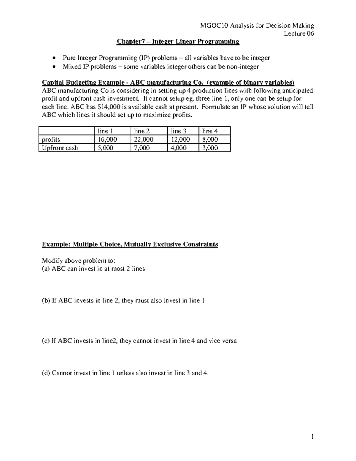 06Lecture-ch7 - Vinh quan - MGOC10 Analysis for Decision Making Lecture 06 Chapter7 – Integer ...