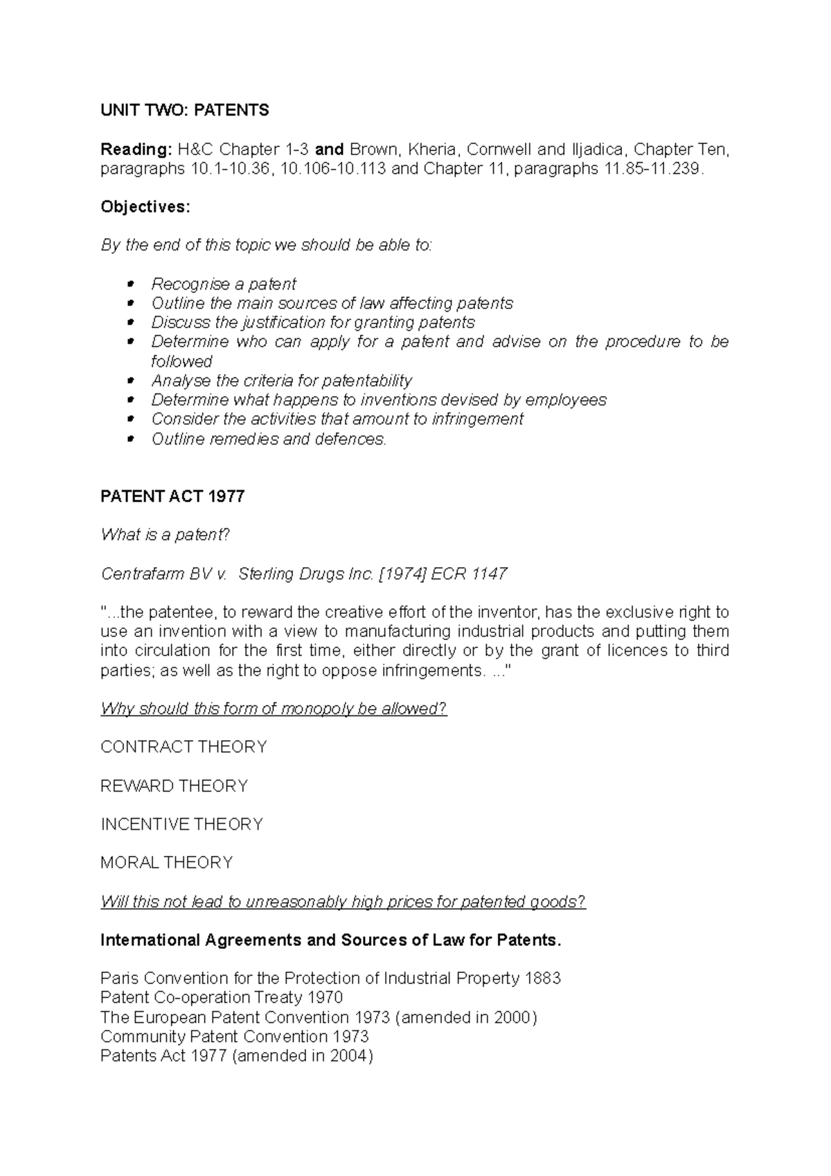 Unit 2 Outline notes - UNIT TWO: PATENTS Reading: H&C Chapter 1-3 and ...