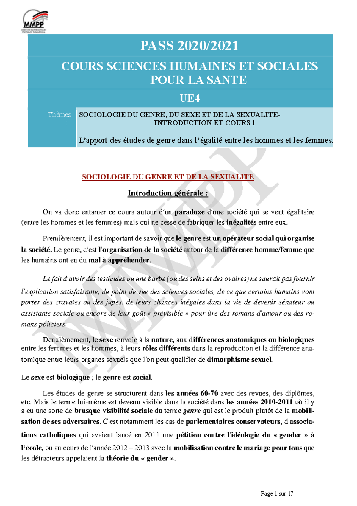 Cours UE4 Socio du Genre part 1 - PASS 2020/ COURS SCIENCES HUMAINES ET ...