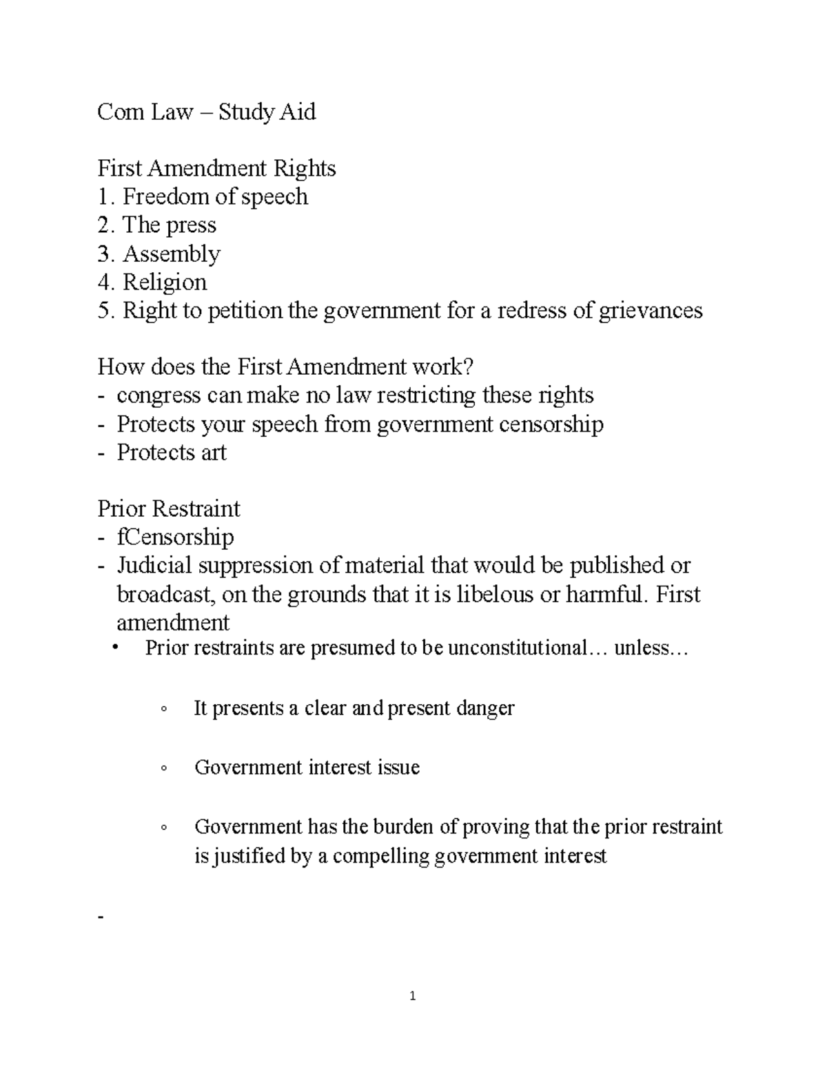 Study aid com law midterm exam - Com Law – Study Aid First Amendment ...