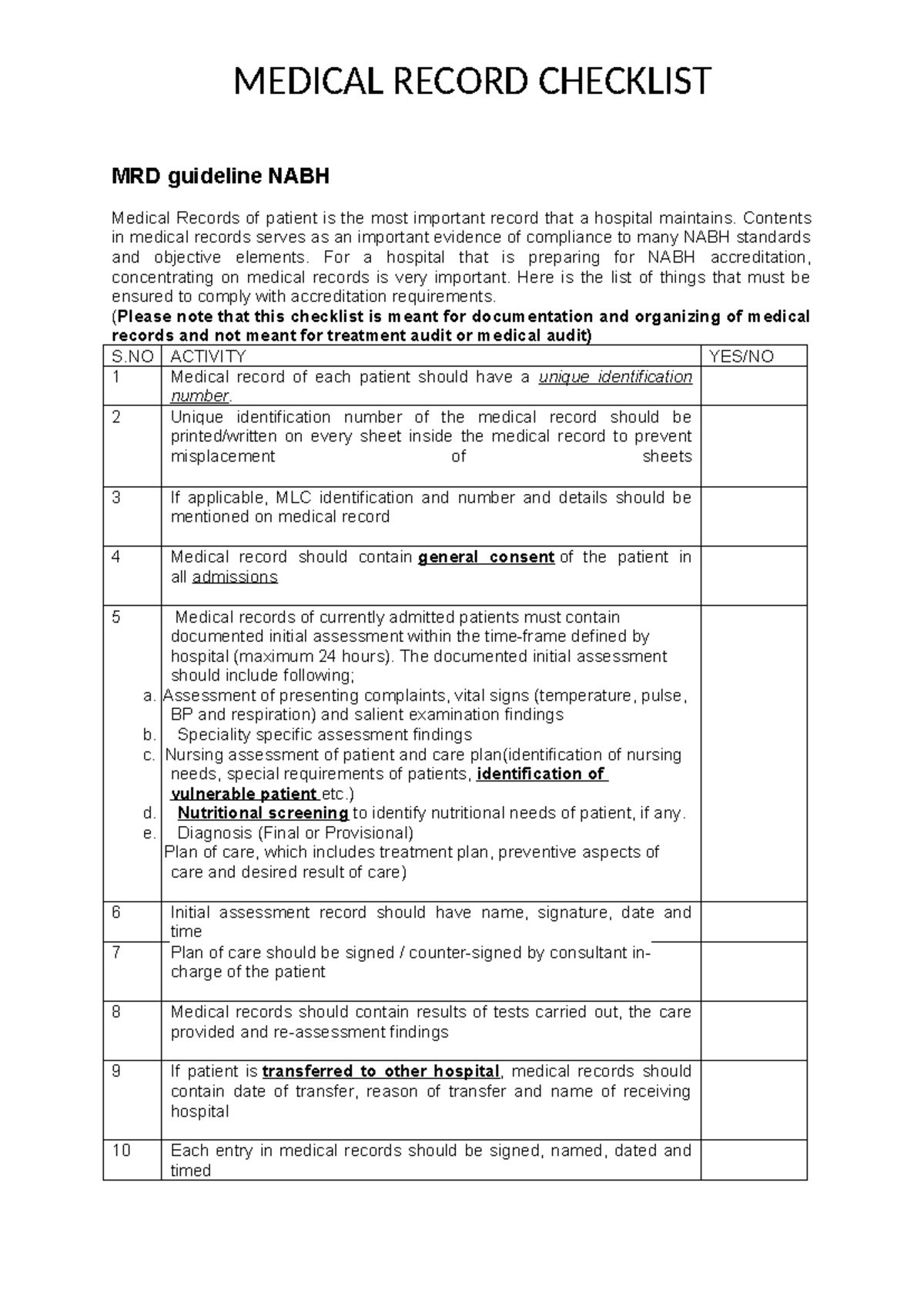 MRD guidline NABH - MEDICAL RECORD CHECKLIST MRD guideline NABH Medical ...