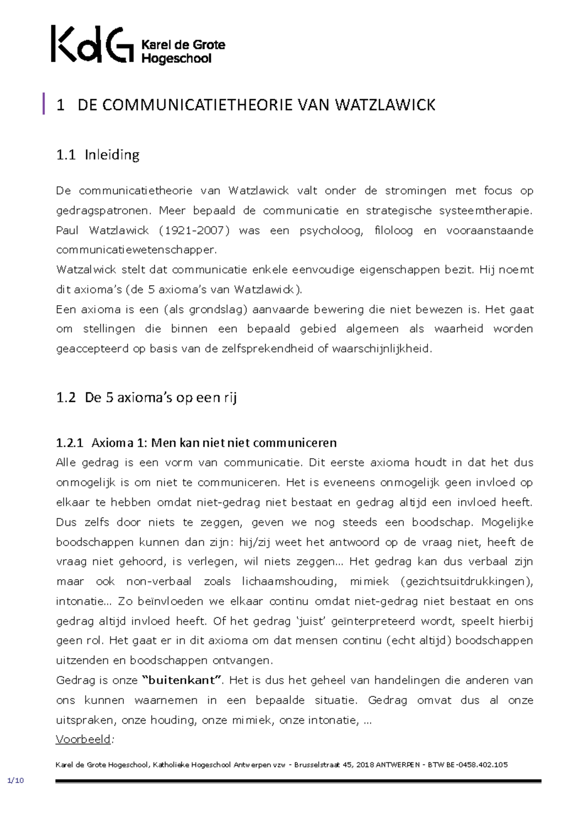 De communicatietheorie van Watzlawick (tekst) - 1 DE ...