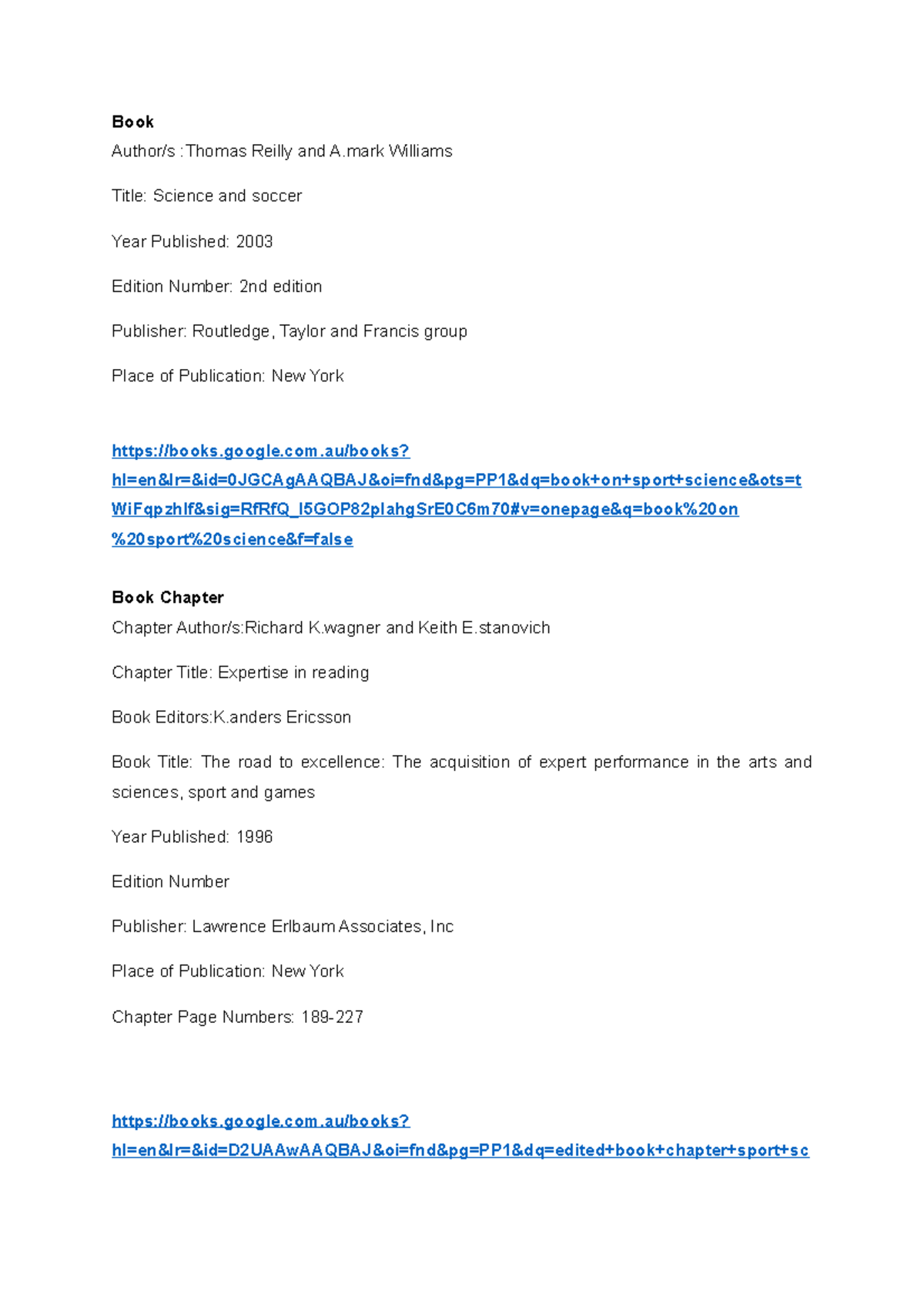 Journal,book and edited book chapter reference information for activity ...