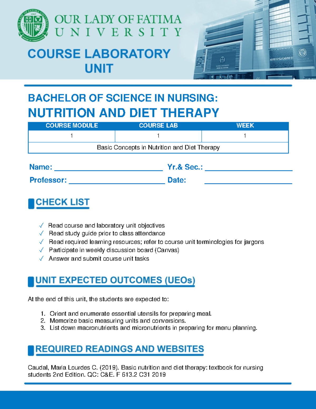 laboratory activity sheet on Nutrition and Dietary subject - BACHELOR ...