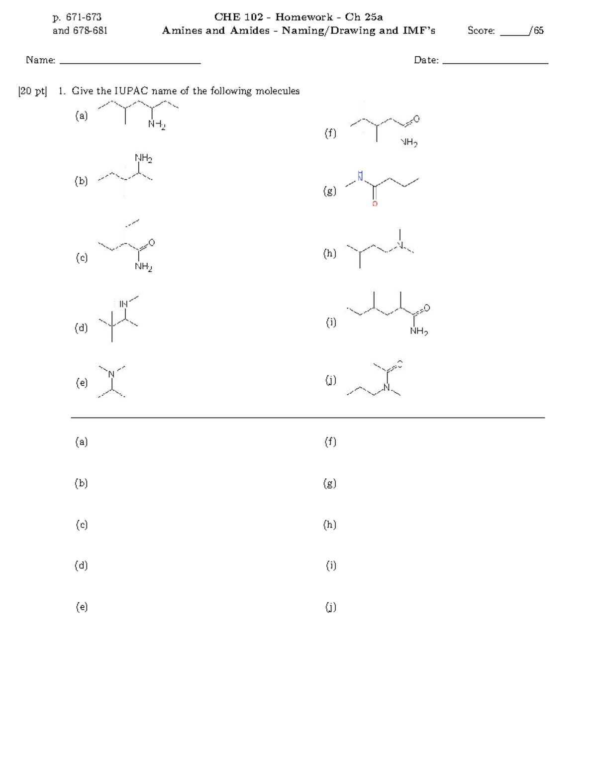 CHE102 Homework - p. 671-673and 678-681 Amines and Amides - Naming ...