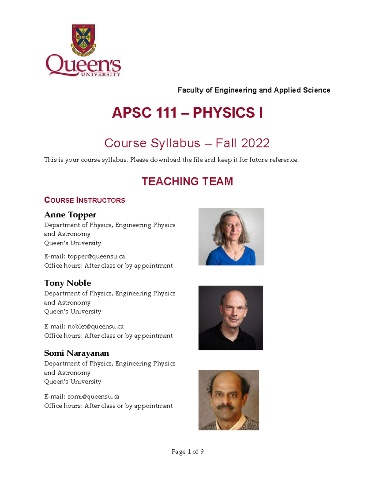 APSC 111 Course Syllabus Fall 2022 - Faculty of Engineering and Applied Science APSC 111 ...