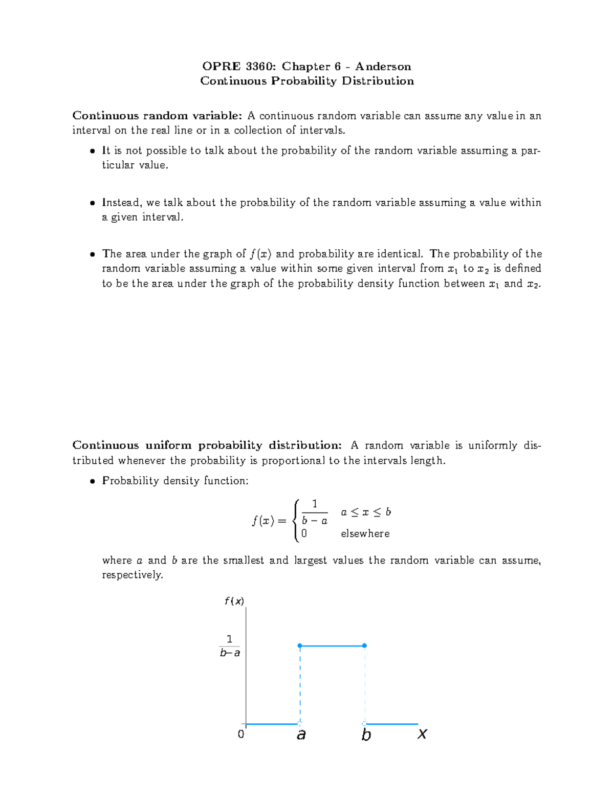 Lecture 6 - N/A - OPRE 3360: Chapter 6 - Anderson Continuous ...