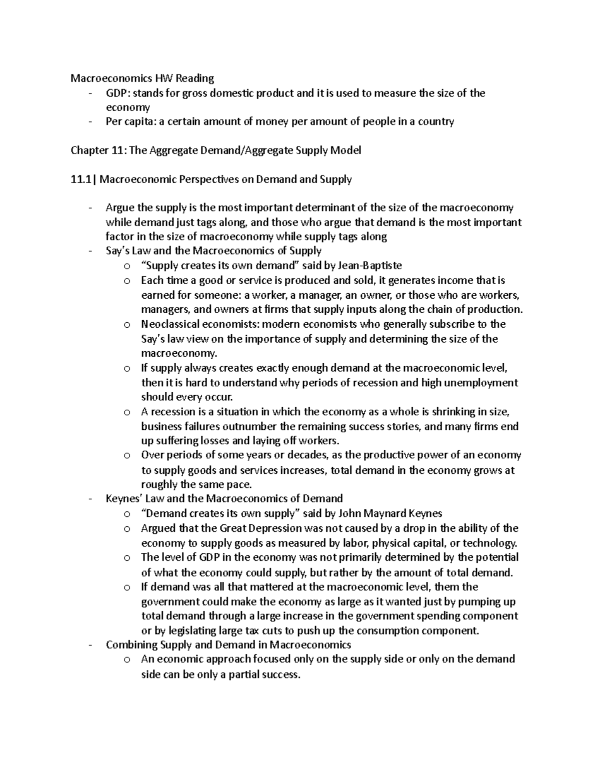 Macroeconomics HW Reading - o Neoclassical economists: modern ...