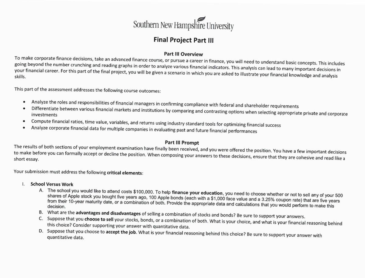 Financial Decisions - Southern New Hampshire University Final Project ...