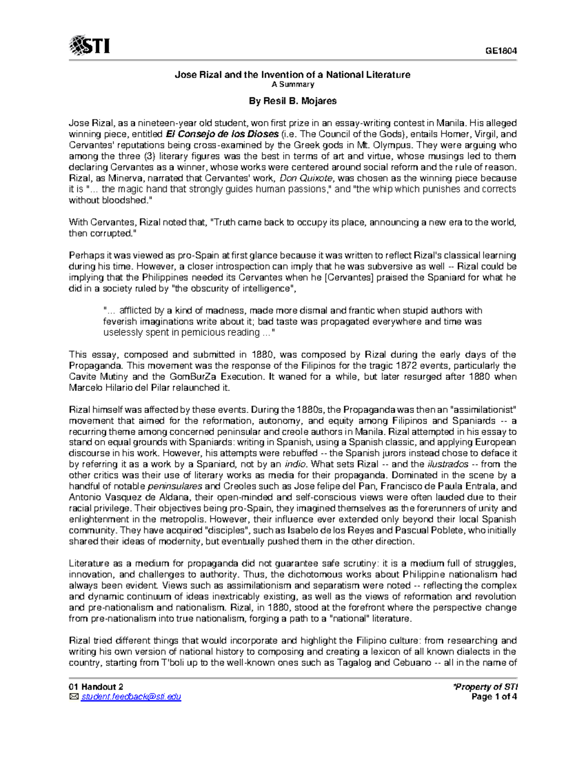 01 Handout 26 - Rizal - GE1804 Jose Rizal and the Invention of a ...