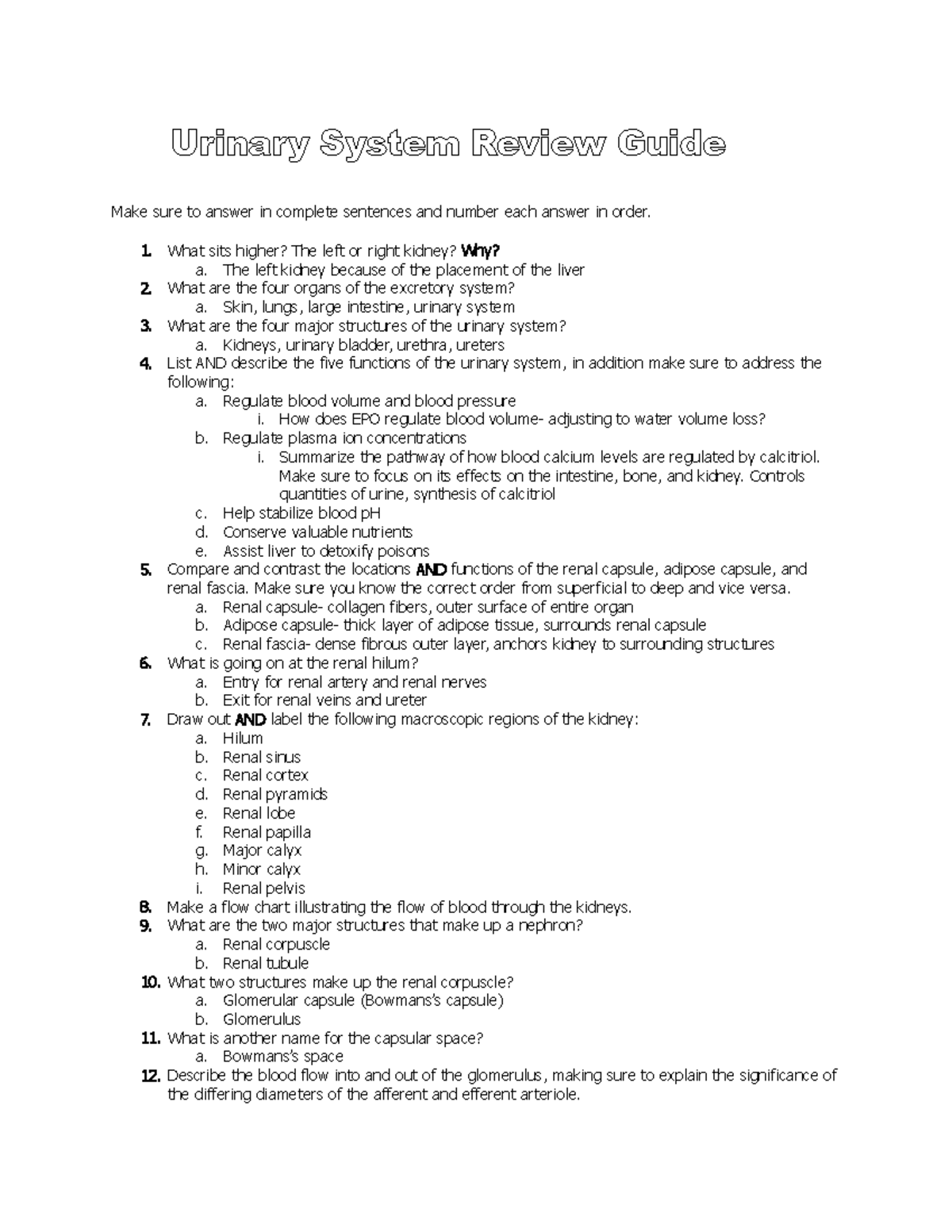 Review Guide 8- Urinary System Completed - Make sure to answer in ...