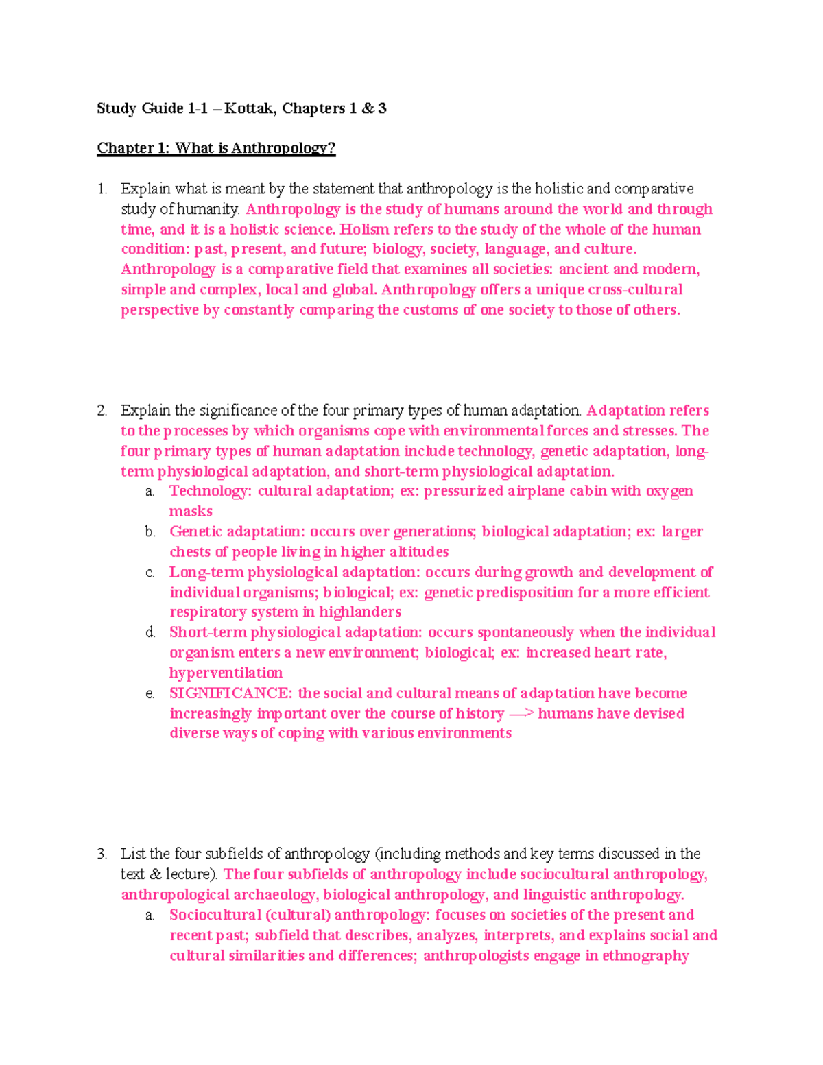 Study Guide 1-1 - Anthropology is the study of humans around the world ...