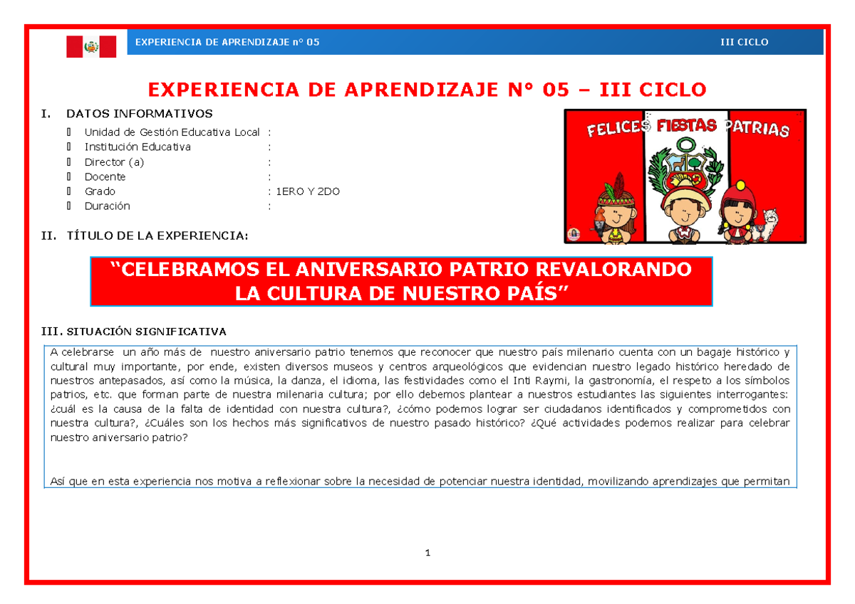 1.- Experiencia de aprendizaje N° 05 - III Ciclo - EXPERIENCIA DE APRENDIZAJE N° 05 – III CICLO ...