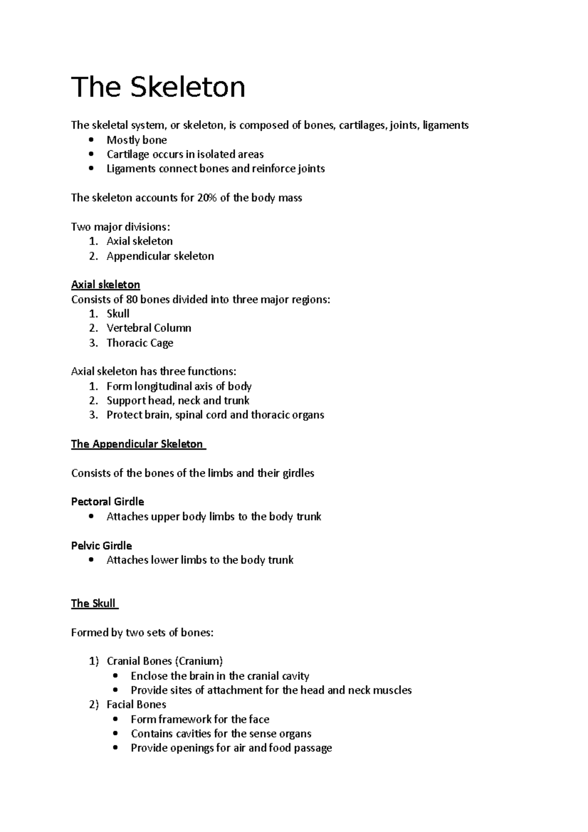 The Skeleton - An in-depth summary of the lecture notes for this ...