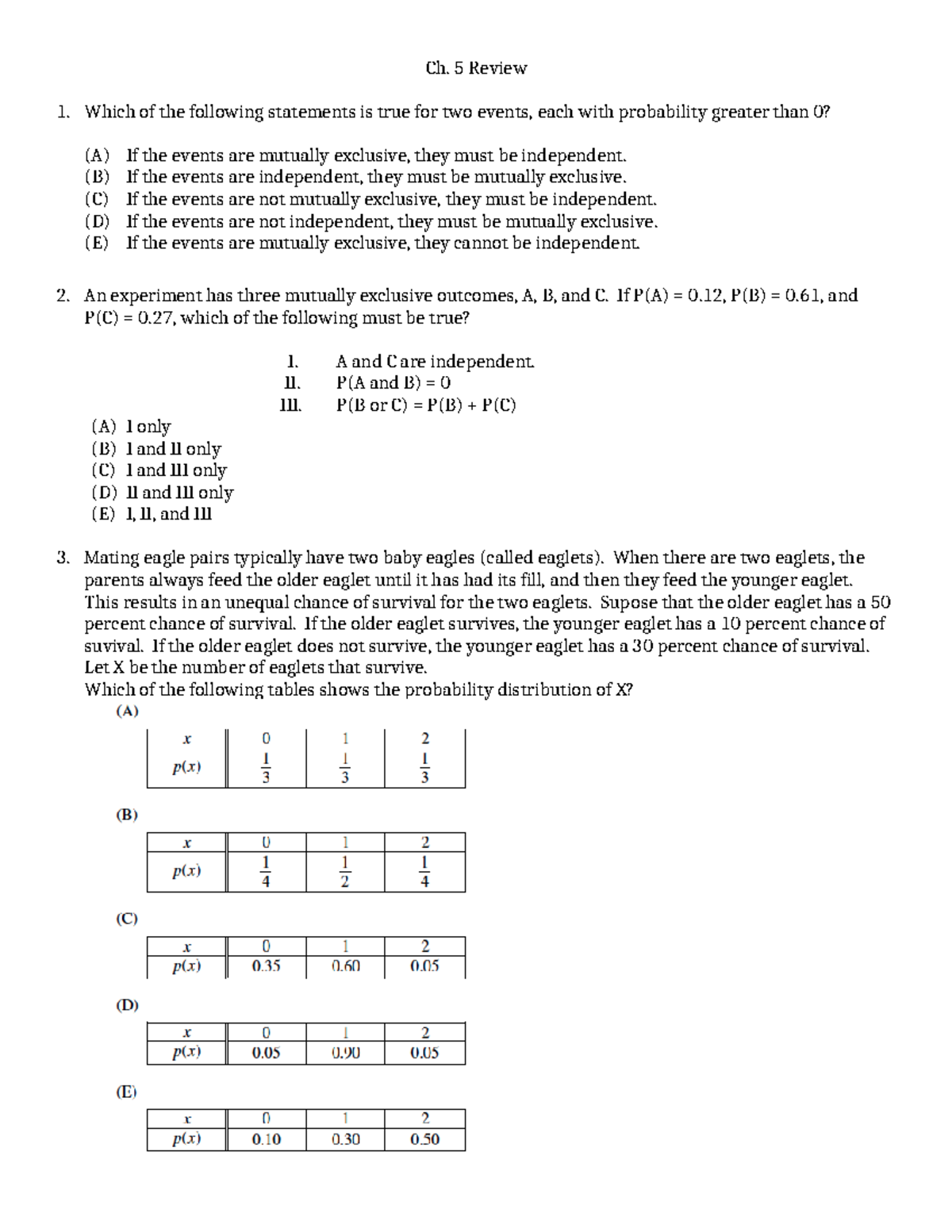 Ch 5 review sheet 2017 - Good stuff - Ch. 5 Review Which of the following statements is true for ...