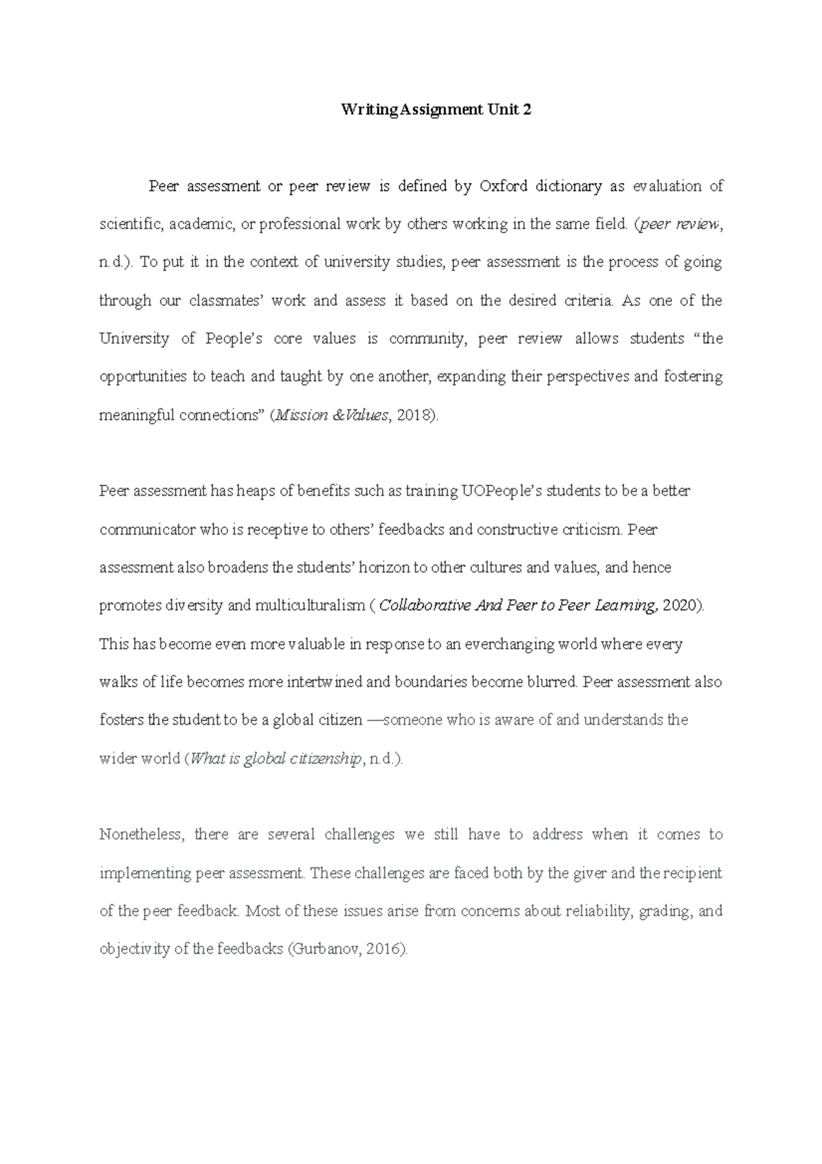 Writing Assignment Unit 2 - ( peer review , n.). To put it in the ...