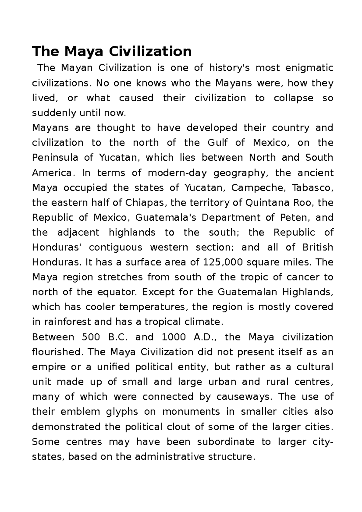 The Maya Civilization - Lecture notes 1 - The Maya Civilization The ...