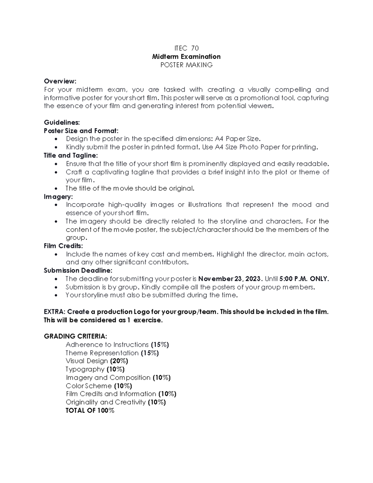 111623 ITEC70 - dfs - ITEC 70 Midterm Examination POSTER MAKING ...