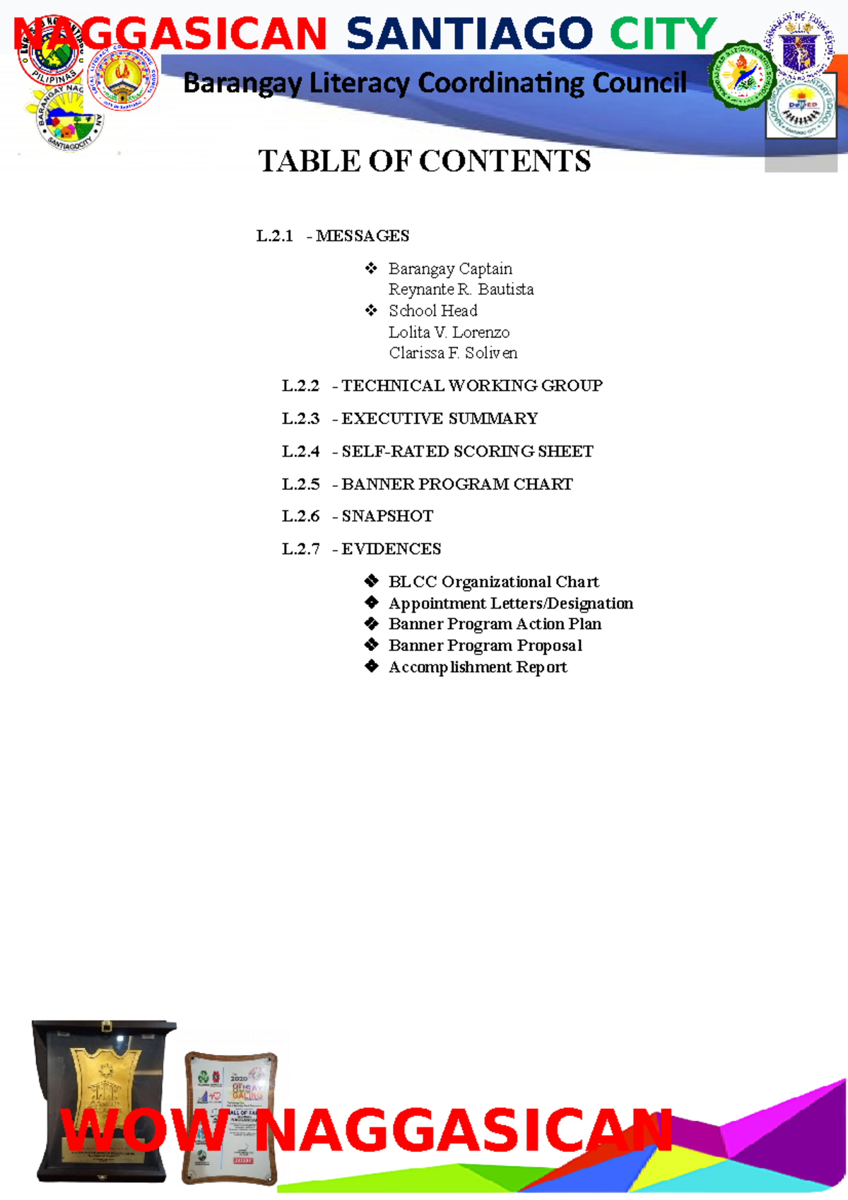 SELF Rated Scoring Sheet Barangay - TABLE OF CONTENTS L.2 - MESSAGES ...
