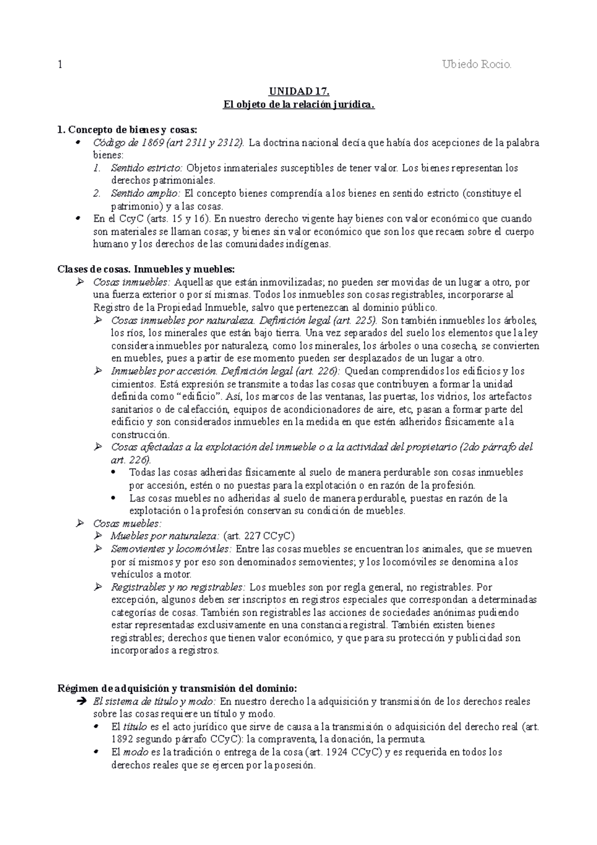 resumen civil 2da parte - UNIDAD 17. El objeto de la relación jurídica. Concepto de bienes y ...