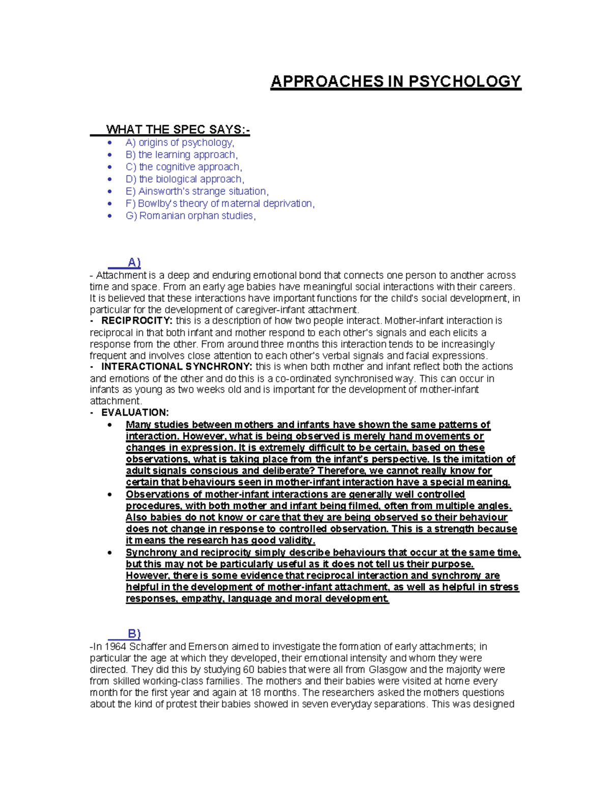 Attachment - Psychology A level - APPROACHES IN PSYCHOLOGY WHAT THE ...