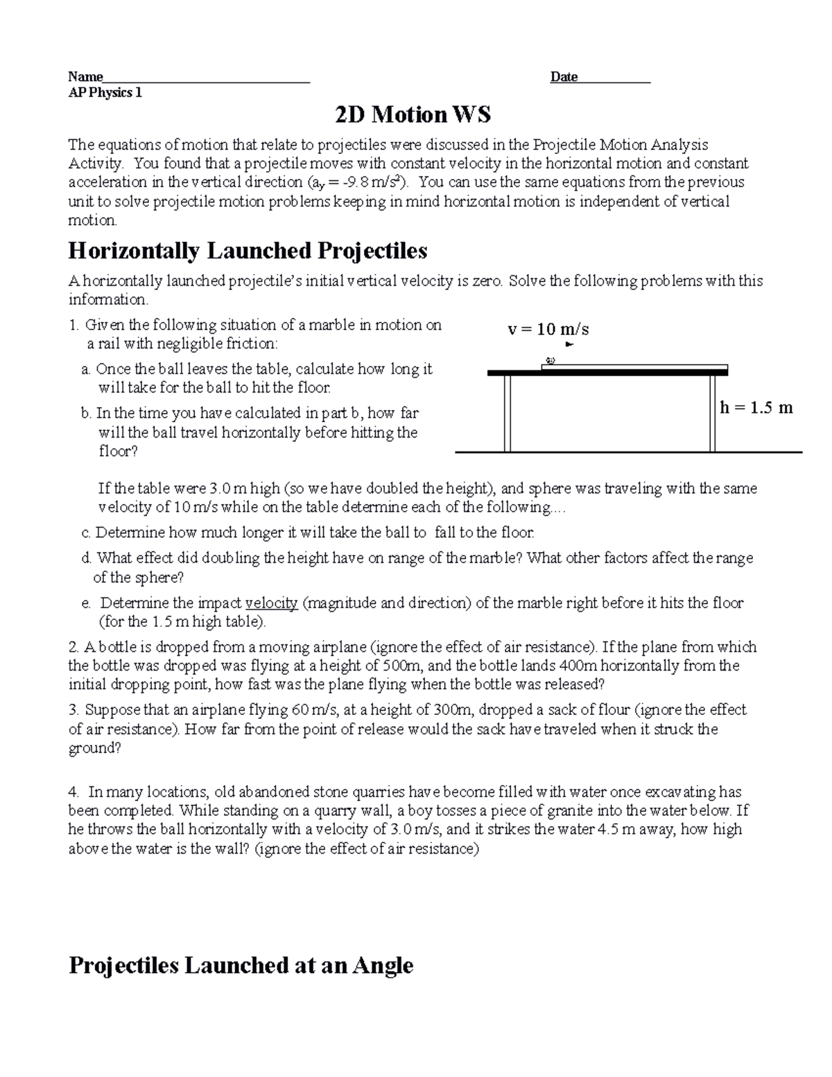 3.4-Projectile WS - Projectile motion - Name Date AP Physics 1 2D ...