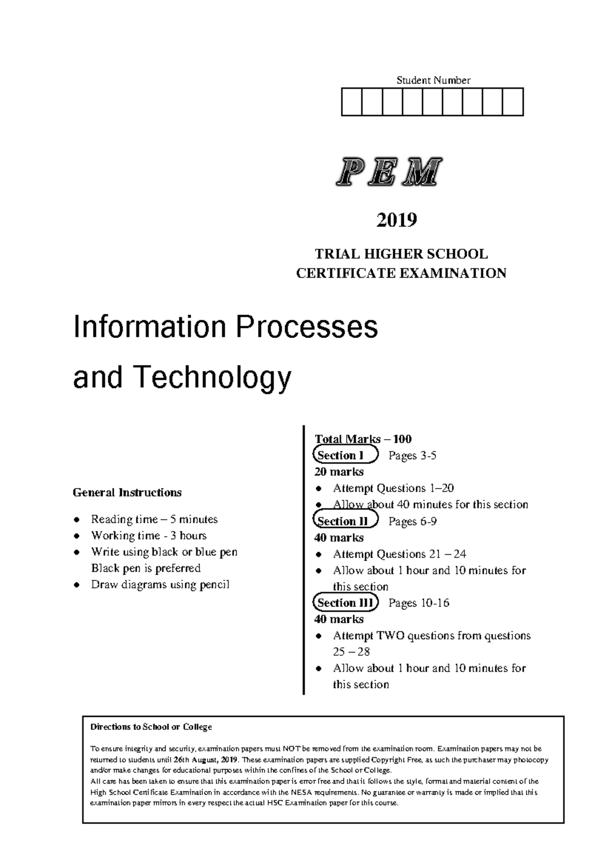 PEM 2019 IPT Trial HSC Examination paper - Student Number Information ...