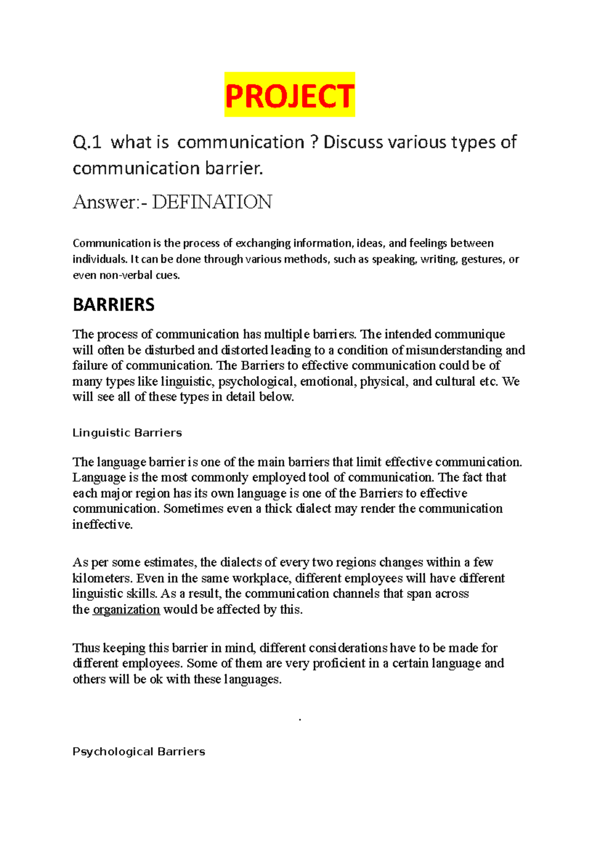 Communication - PROJECT Q what is communication? Discuss various types ...