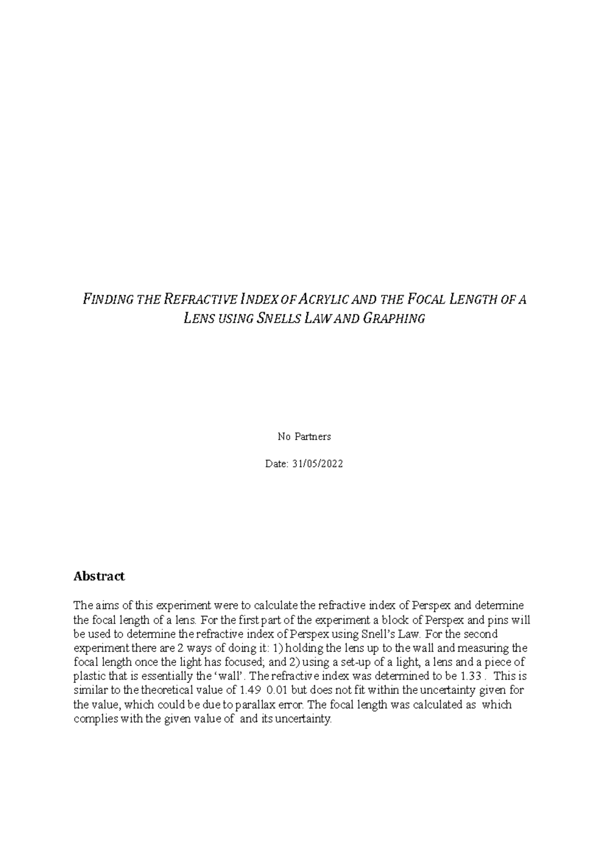 Finding THE Refractive Index OF Acrylic AND THE Focal Length OF A LENS ...