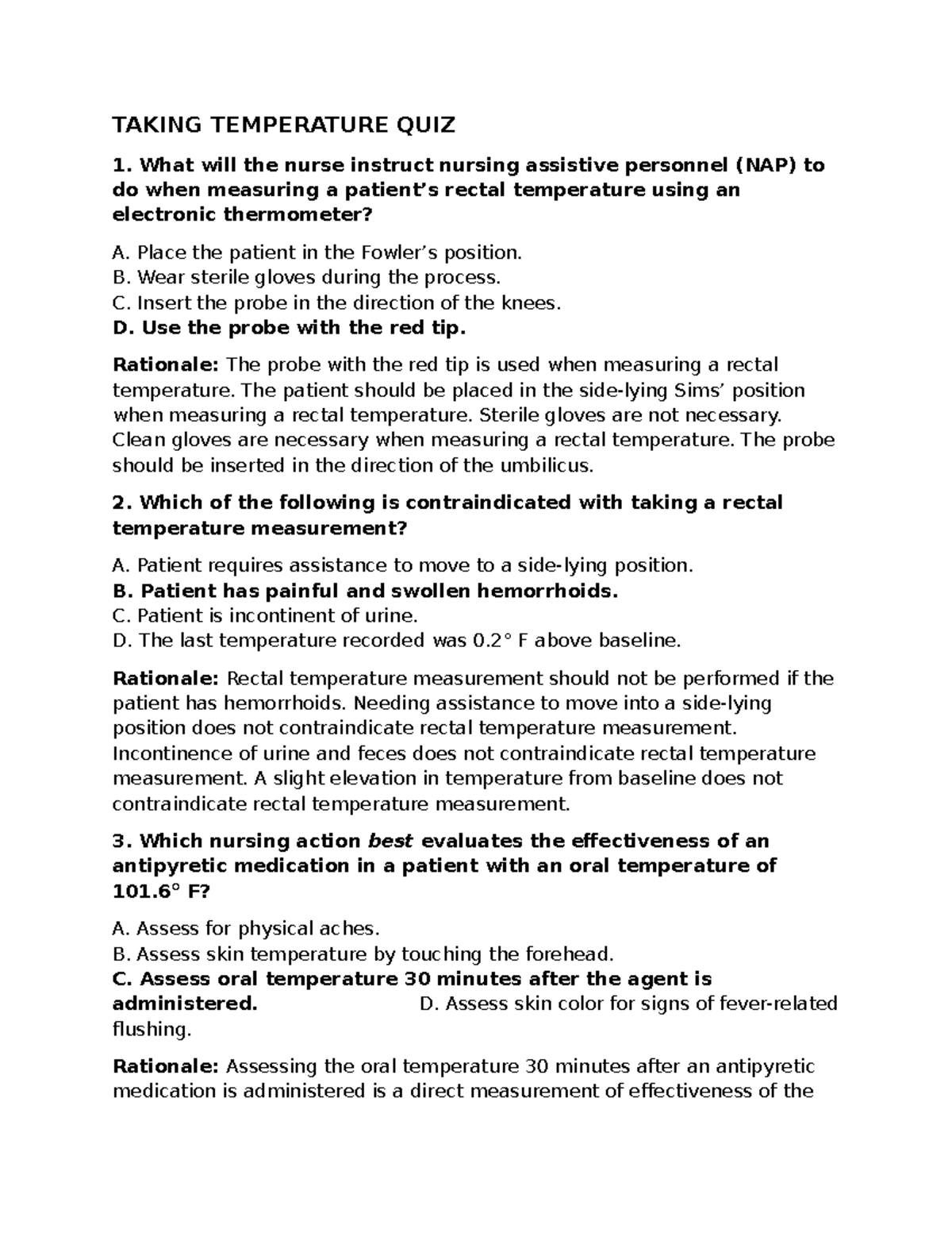 Clinical essentials taking temp quiz - TAKING TEMPERATURE QUIZ What ...