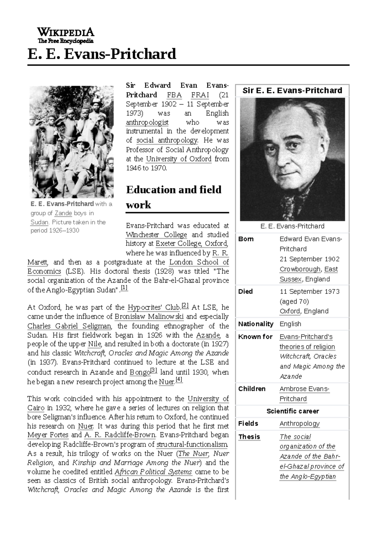 edward evans pritchards - Sir E. E. Evans-Pritchard E. E. Evans ...