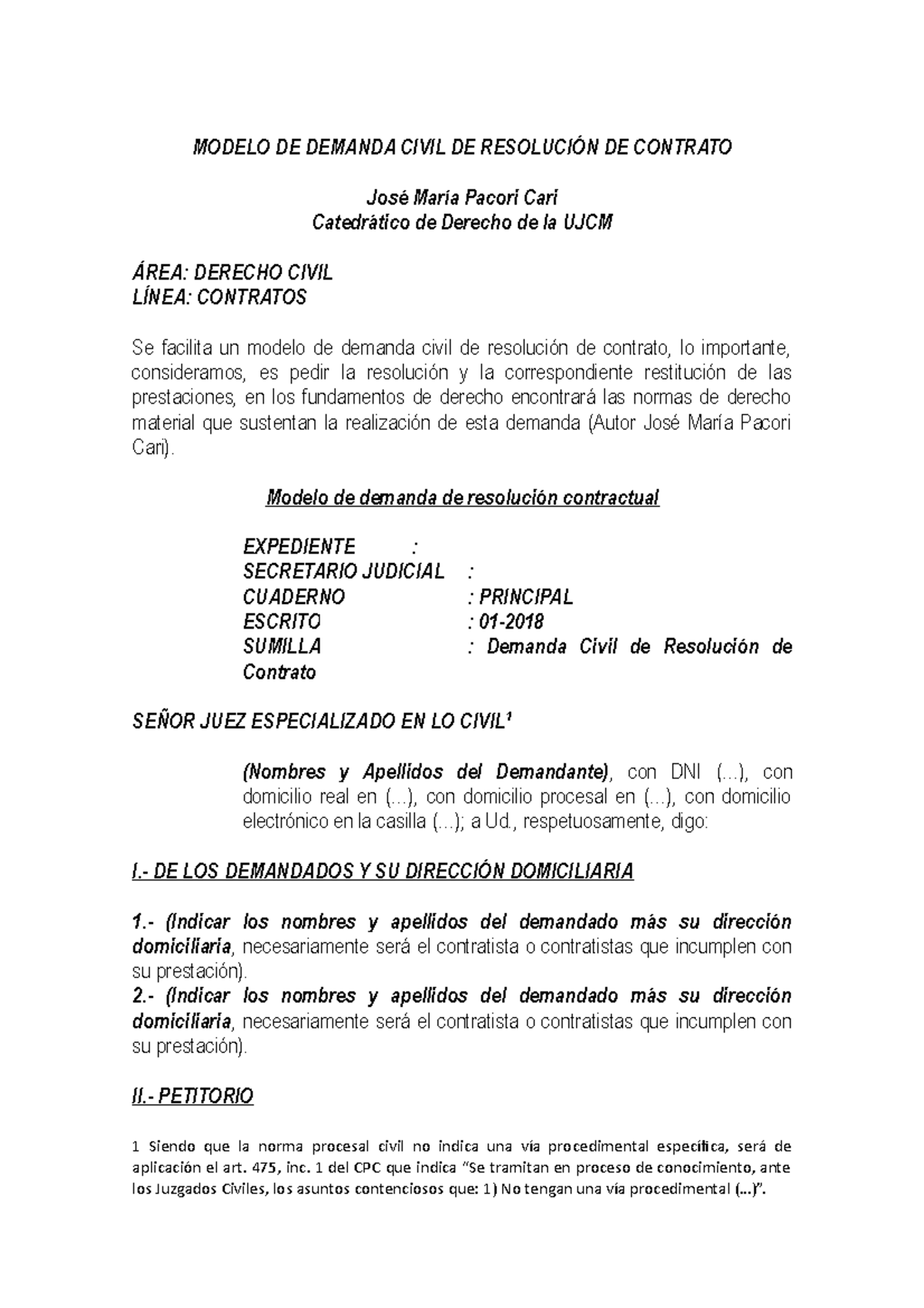 Modelo DE Demanda Civil DE Resolución DE Contrato - MODELO DE DEMANDA ...