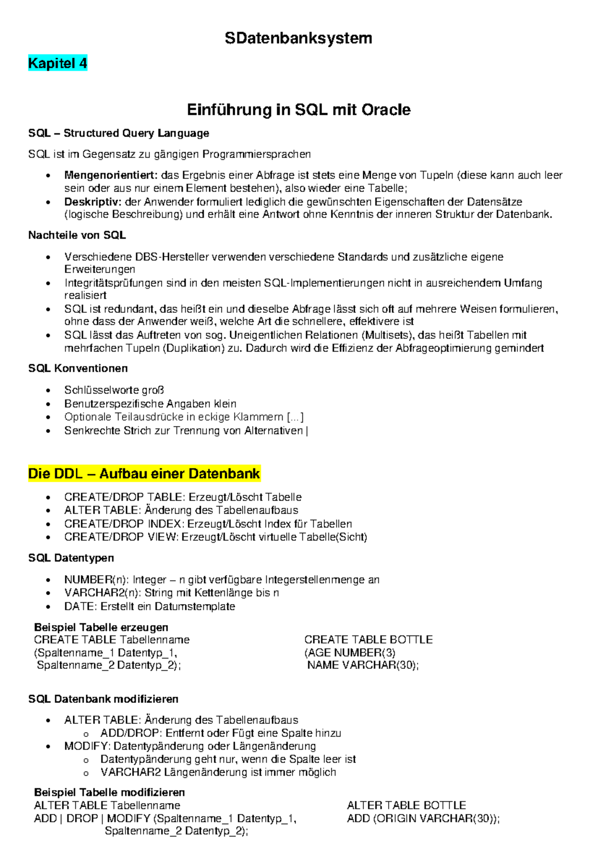 Kapitel 4SQL - SDatenbanksystem Kapitel 4 Einführung in SQL mit Oracle SQL – Structured Query ...