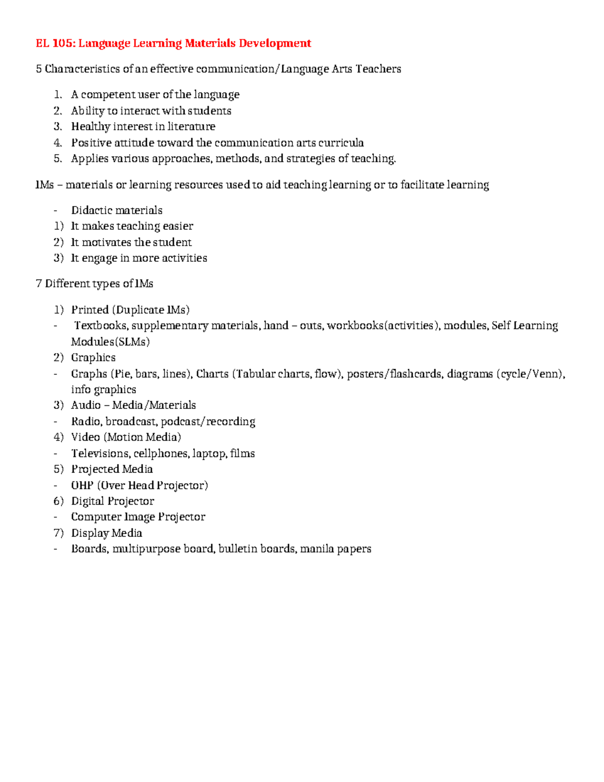 EL 105 Lec - lectures for examinations and quizzes - EL 105: Language Learning Materials ...