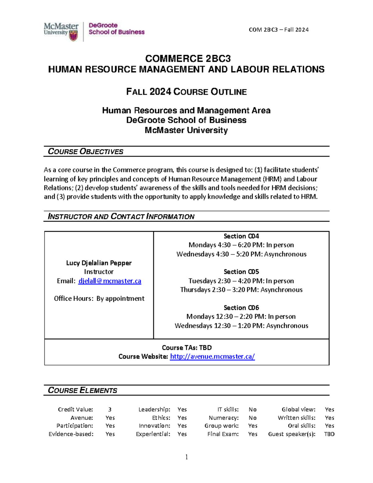 COMM 2BC3 F24 Course Outline - Djelalian Pepper - COMMERCE 2 BC HUMAN RESOURCE MANAGEMENT AND ...