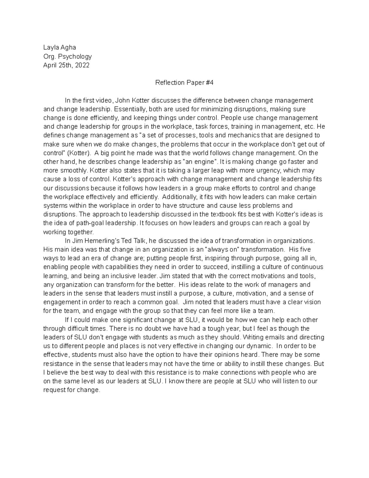 Reflection 4 - Discusses difference between change management and ...